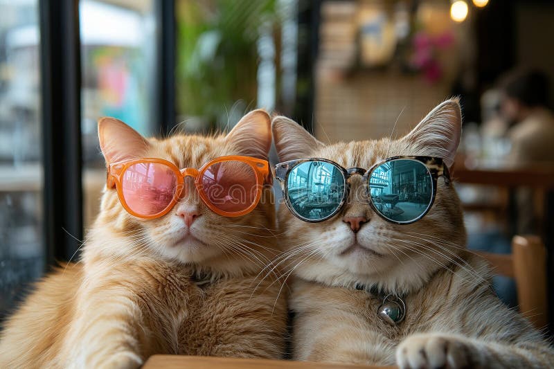 Two Meme Cats in Sunglasses Take a Selfie at a Table in a Cafe. Stock ...