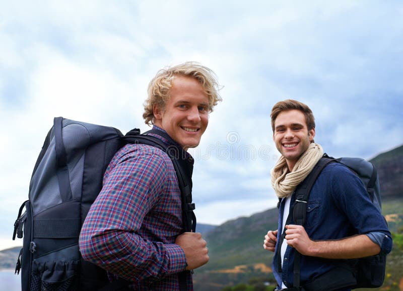 Two Men of Adventure. Two Male Backpackers Exploring Nature Together ...