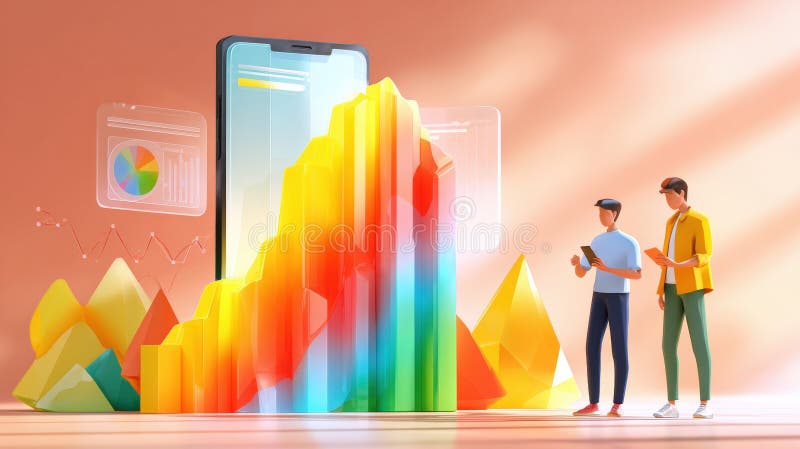 Two Men Analyze 3D Bar Charts and Graphs Emerging from a Giant ...