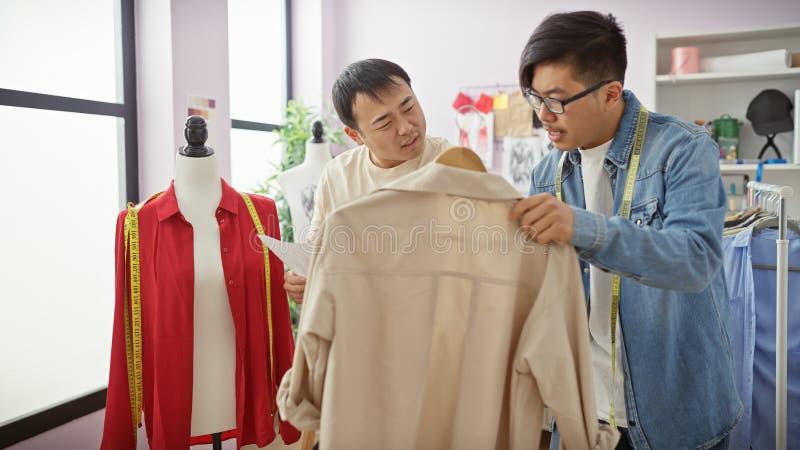 Two Men Analyzing a Garment in a Brightly Lit Tailor Shop with ...