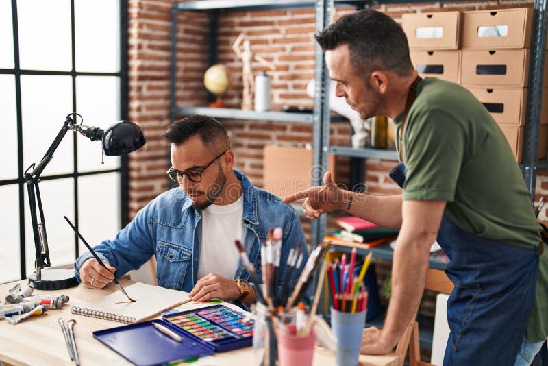 Two Men Artists Drawing on Notebook at Art Studio Stock Image - Image ...