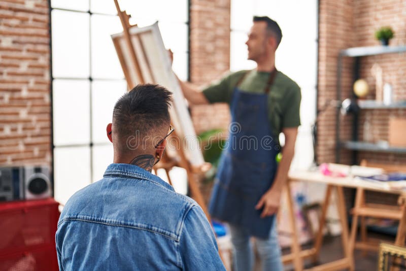 Two Men Artists Drawing Portrait at Art Studio Stock Image - Image of ...