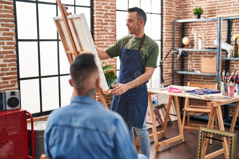 Two Men Artists Drawing Portrait at Art Studio Stock Image - Image of ...