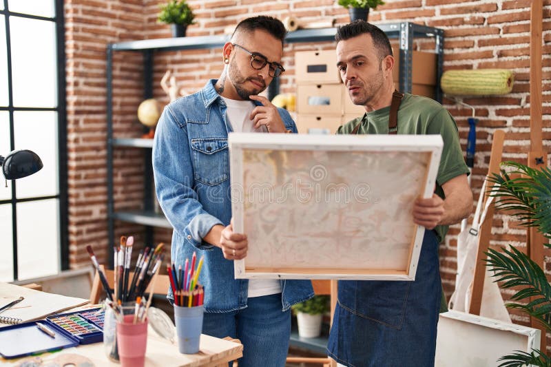 Two Men Artists Looking Draw with Relaxed Expression at Art Studio ...
