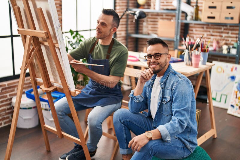 Two Men Artists Smiling Confident Drawing at Art Studio Stock Photo ...