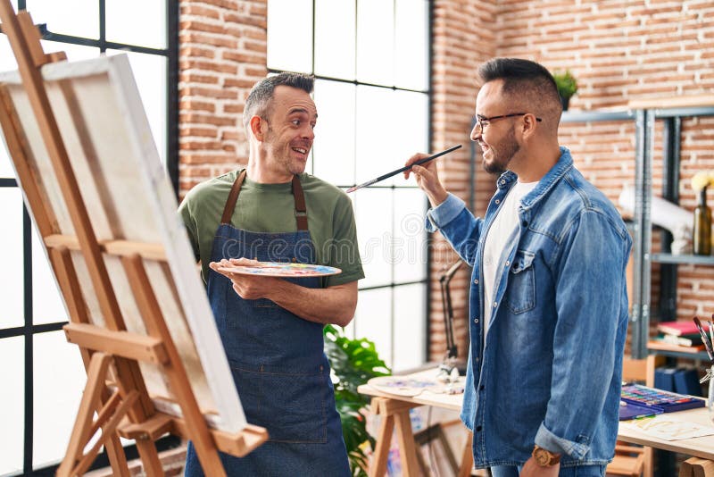 Two Men Artists Smiling Confident Drawing at Art Studio Stock Photo ...