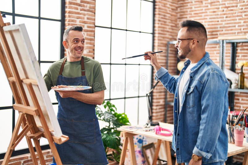 Two Men Artists Smiling Confident Drawing at Art Studio Stock Photo ...