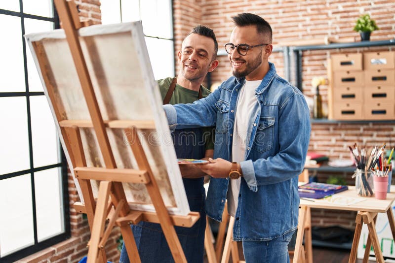 Two Men Artists Smiling Confident Drawing at Art Studio Stock Photo ...