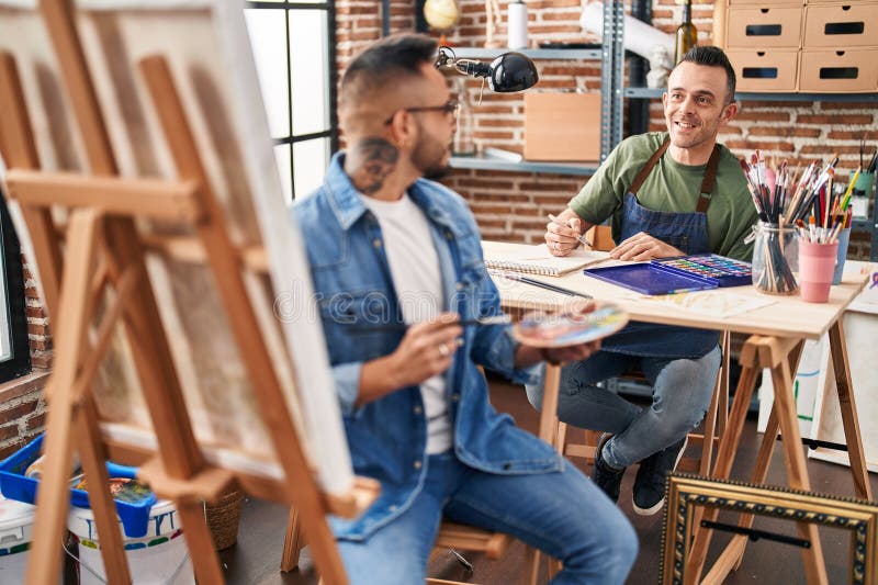 Two Men Artists Smiling Confident Drawing at Art Studio Stock Photo ...