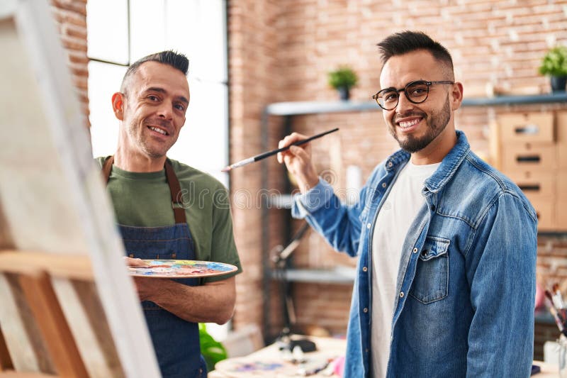 Two Men Artists Smiling Confident Drawing at Art Studio Stock Photo ...