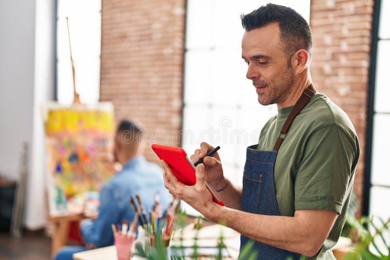 Two Men Artists Smiling Confident Drawing on Touchpad at Art Studio ...