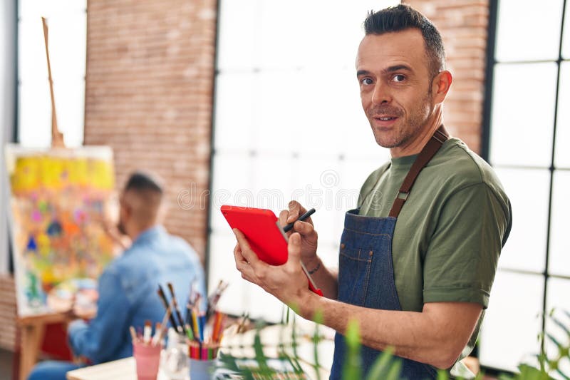 Two Men Artists Smiling Confident Drawing on Touchpad at Art Studio ...