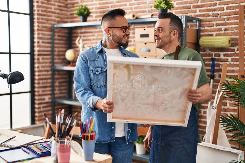 Two Men Artists Smiling Confident Looking Draw at Art Studio Stock ...