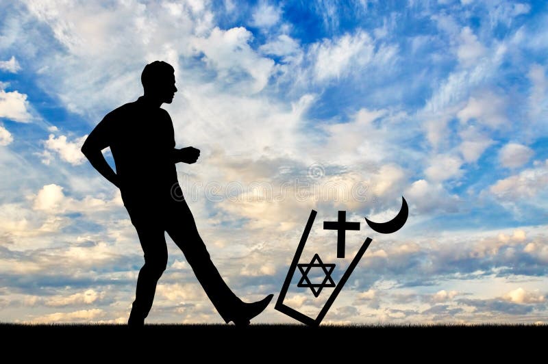 Two Men Atheists Throw All Religions in the Trash Stock Photo - Image ...