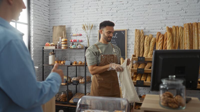 Two Men in a Bakery with One Man Wearing an Apron and Glove Bagging ...