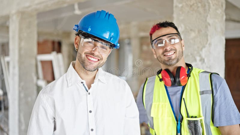Two Men Builder and Architect Smiling Confident Standing Together at ...