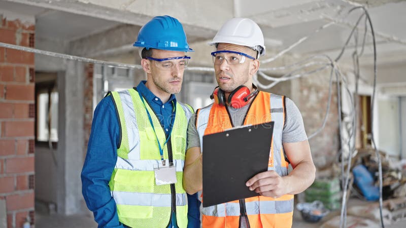 Two Men Builders Reading Document Speaking at Construction Site Stock ...