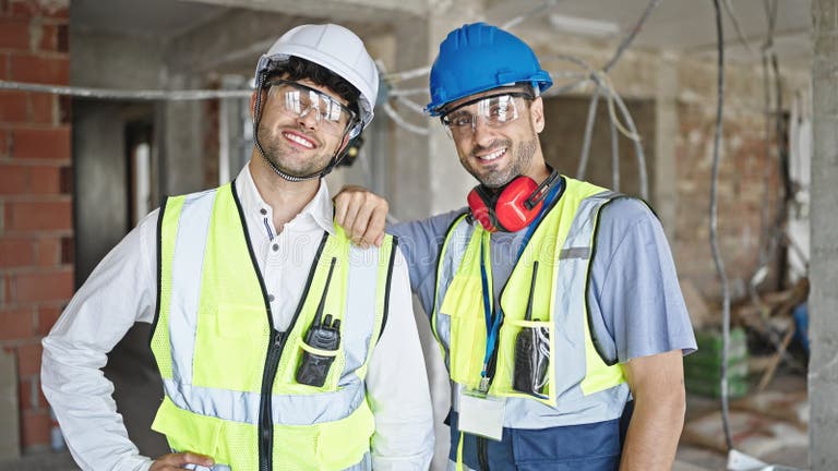 Two Men Builders Smiling Confident Standing at Construction Site Stock ...