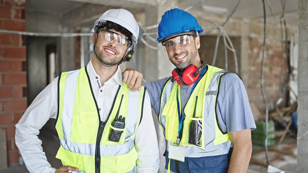 Two Men Builders Smiling Confident Standing at Construction Site Stock ...
