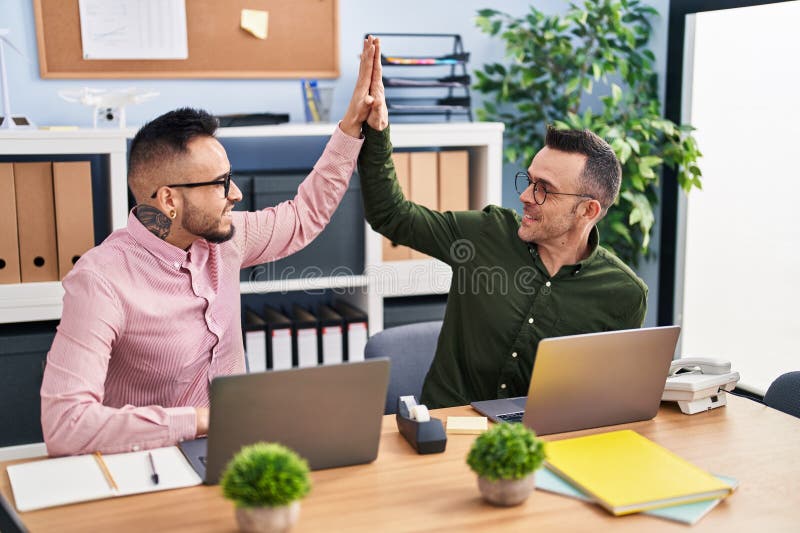 Two Men Business Workers Celebrate High Five with Hands Raised Up at ...