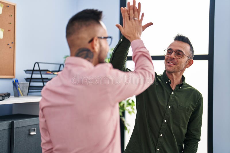 Two Men Business Workers Celebrate High Five with Hands Raised Up at ...