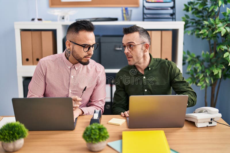 Two Men Business Workers Using Laptop Working at Office Stock Image ...