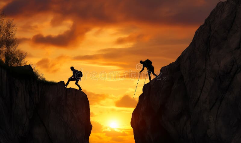 Two Men Climbing on the Mountains at Sunset Stock Illustration ...