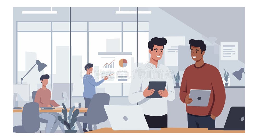 Two Men Collaborating in Modern Office with Laptop and Tablet Devices ...