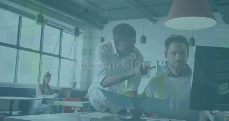 Two Men Collaborating at Office Desk with Data Processing Animation ...