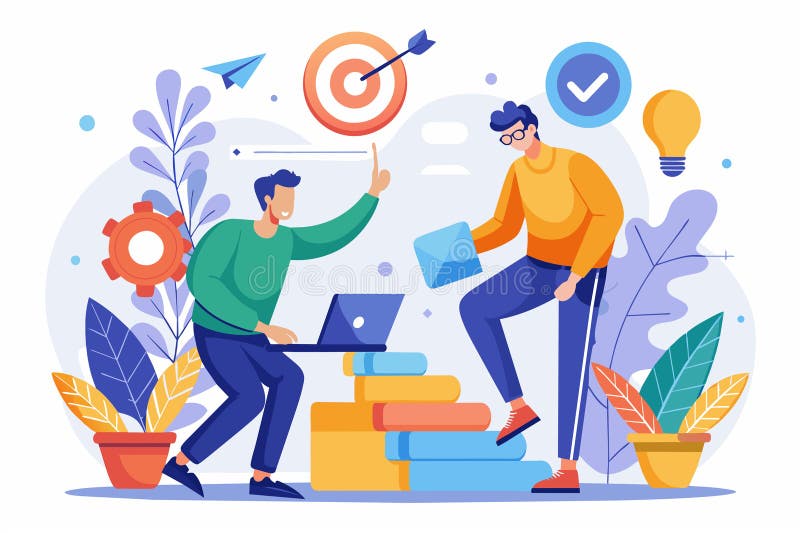 Two Men Collaborating on a Project in a Colorful Workspace Focused, Two ...