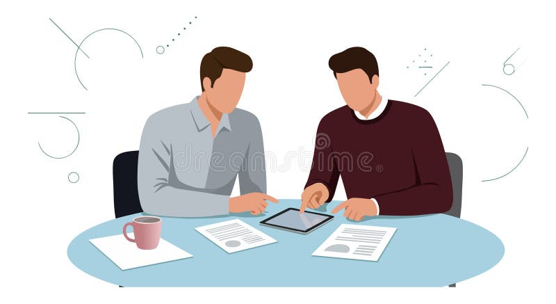 Two Men Collaborating on Tablet and Documents at Office Desk Vector ...