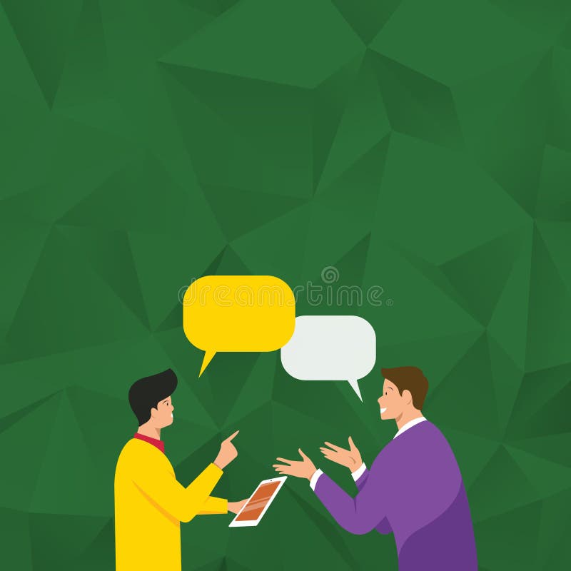 Two Men Colleagues Standing Sharing Thoughts Together with Speech ...