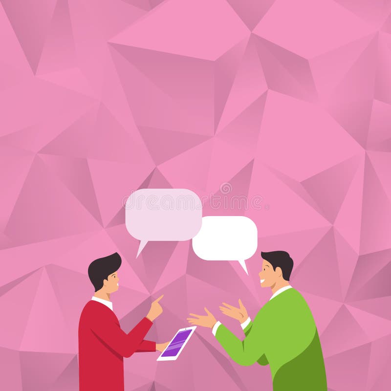 Two Men Colleagues Standing Sharing Thoughts Together with Speech ...