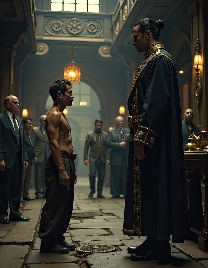 Two Men Confrontation in Grand Hallway, Dramatic Scene Stock ...