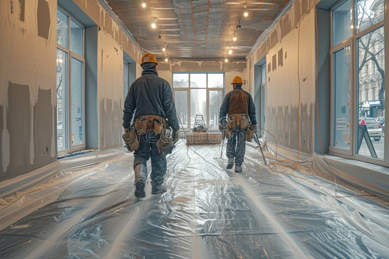 Two Men in Construction Gear Walk through a Room with a White Plastic ...