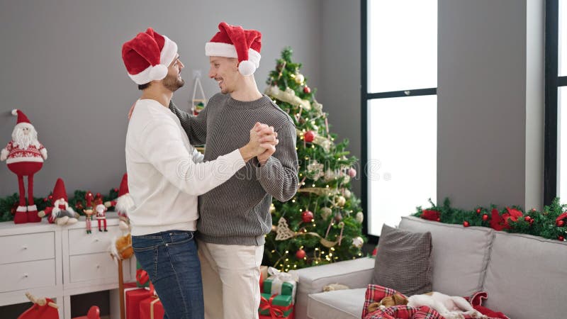 Two Men Couple Celebrating Christmas Dancing at Home Stock Image ...