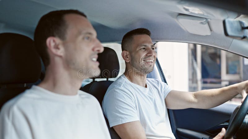 Two Men Couple Driving Car Speaking at Street Stock Image - Image of ...