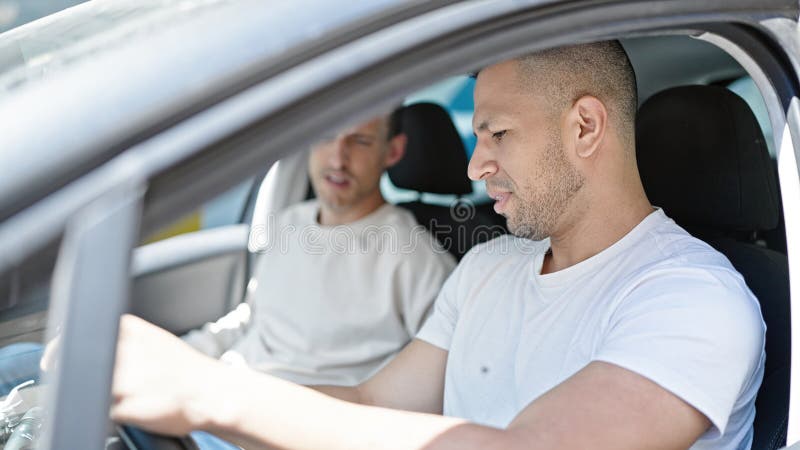 Two Men Couple Driving Car at Street Stock Photo - Image of drive ...