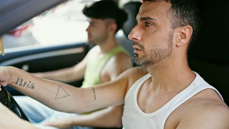 Two Men Couple Driving Car at Street Stock Image - Image of trip, beard ...