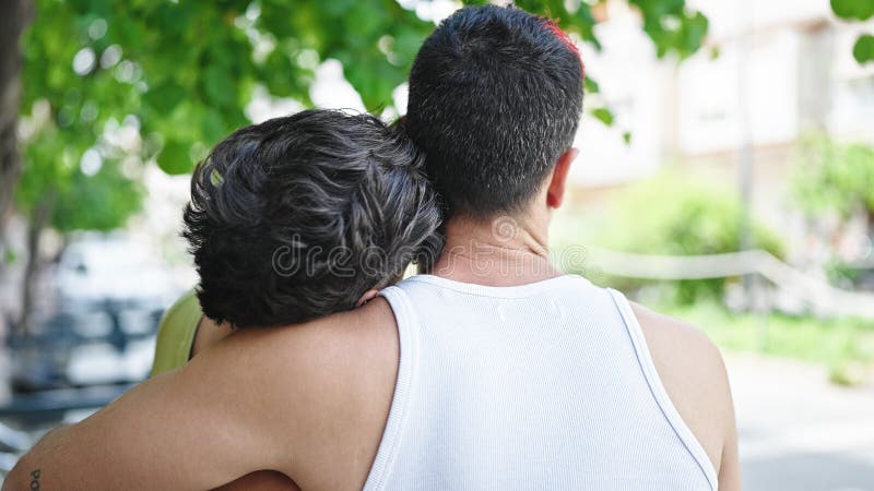 Two Men Couple Hugging Each Other Backwards at Park Stock Image - Image ...
