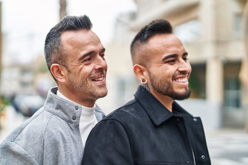 Two Men Couple Smiling Confident Standing Together at Street Stock ...