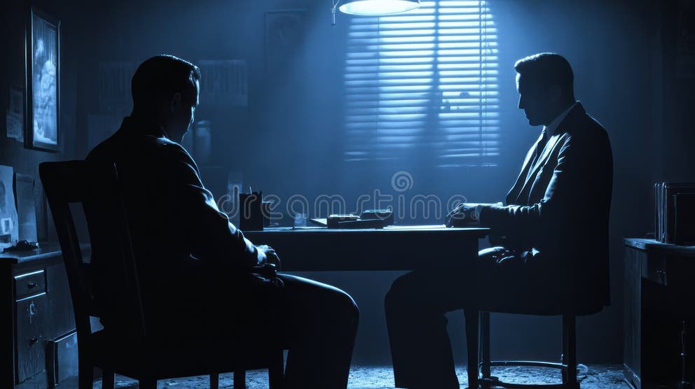 Two Men in Dark Office, Interrogation Scene, Dramatic Lighting Stock ...