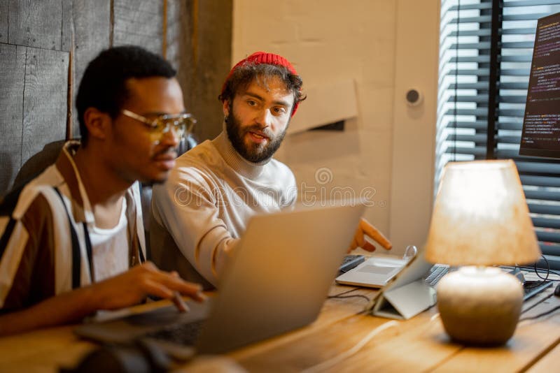 Two Men Working on Computer at Home Office Stock Photo - Image of team ...