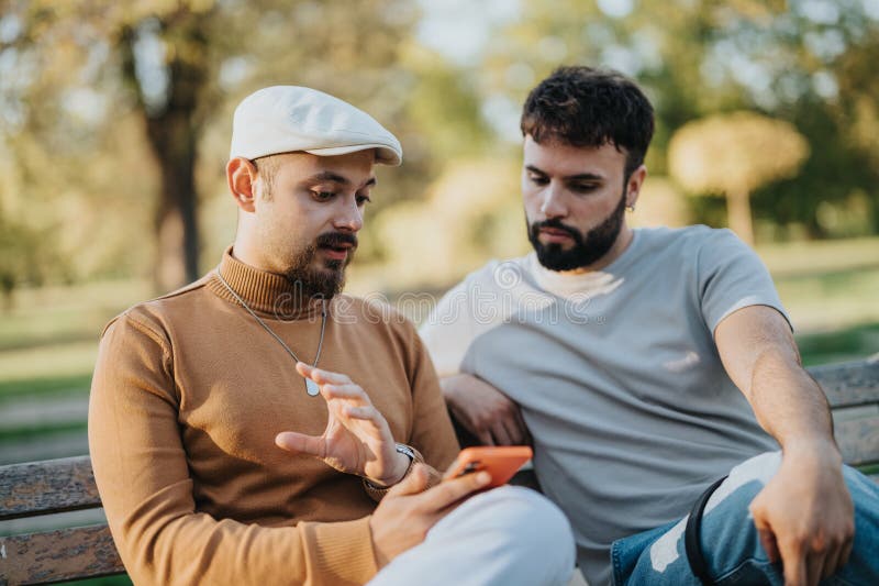 Two Men Discussing Content on a Smart Phone in a Park Setting Stock ...
