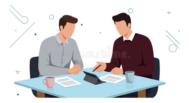 Two Men Discussing Documents at Office Table with Tablet and Cups ...