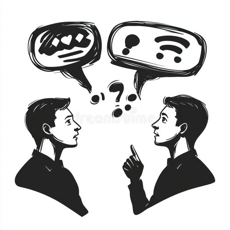 Two Men Discussing Ideas with Thought Bubbles on Modern Communication ...