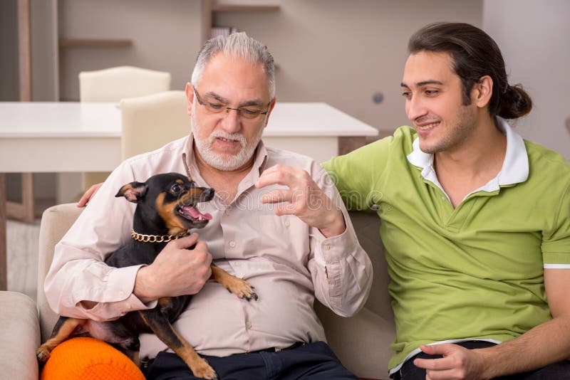 Two men with dog at home stock image. Image of playing - 213285919