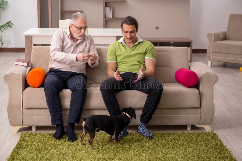 Two men with dog at home stock image. Image of male - 223335943