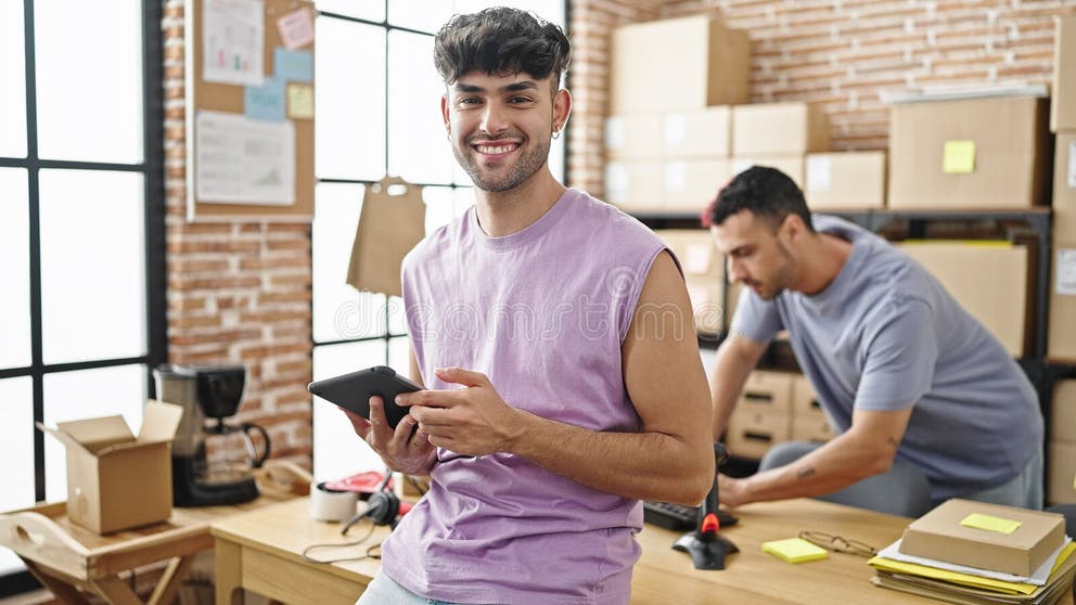 Two Men Ecommerce Business Workers Using Touchpad Working at Office ...