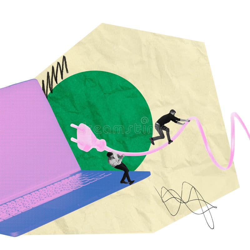 Two Men, Employees Pulling Plug. Start of Work. Staying Connected and ...